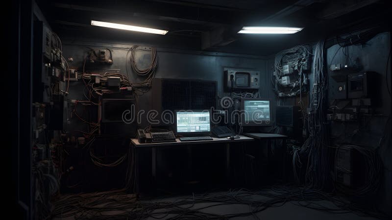 A Dark Room with Multiple Monitors and Cables Hyper-reali Created with ...
