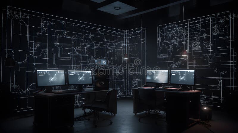 A Dark Room with Multiple Monitors and Cables Hyper-reali One Created ...