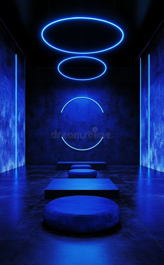 In a Dark Room, a Neon Stage and Blue Lights Highlight a Product ...