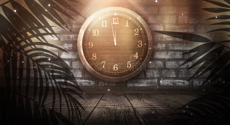 Dark Room. Old Brick Wall. Clock on the Brickwork, Night View Stock ...