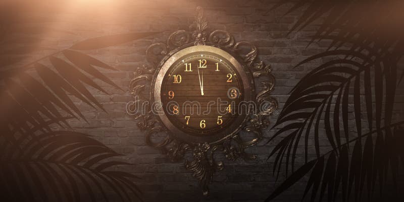 Dark Room. Old Brick Wall. Clock on the Brickwork, Night View Stock ...