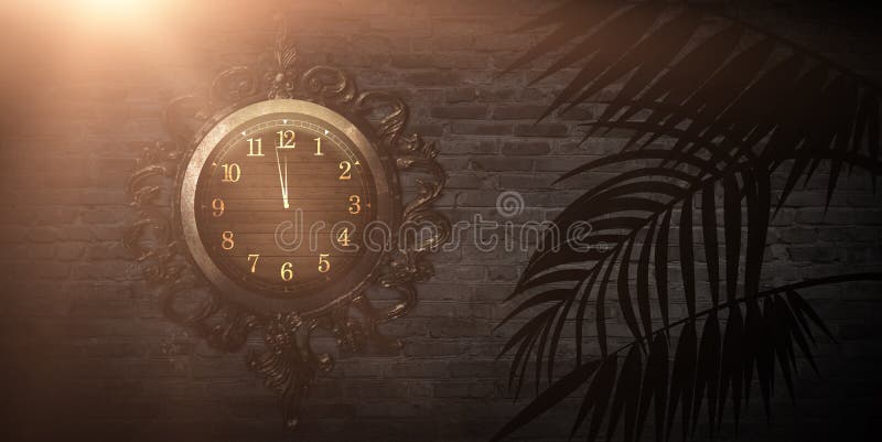 Dark Room. Old Brick Wall. Clock on the Brickwork, Night View Stock ...