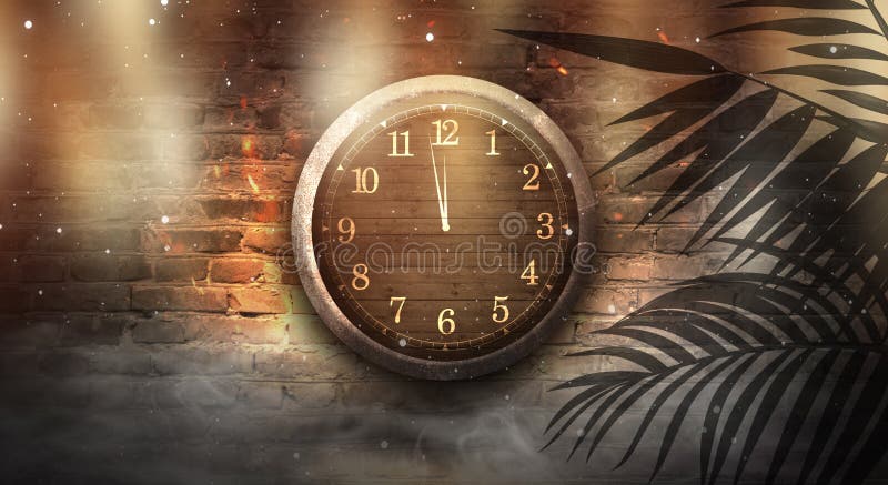 Dark Room. Old Brick Wall. Clock on the Brickwork, Night View Stock ...