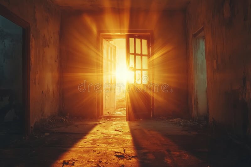 Dark Room Open Doors. Sunlight Shines through Windows, Rays, Glare ...