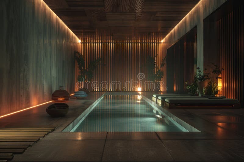 Dark Room with a Pool and Plants Stock Image - Image of light, room ...