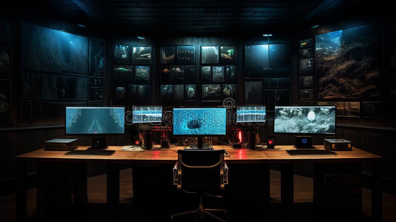 A Dark Room with a Row of Monitors and a Large Screen. Generative AI ...