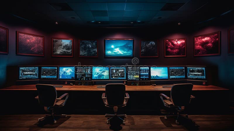 A Dark Room with a Row of Monitors and a Large Screen. Generative AI ...