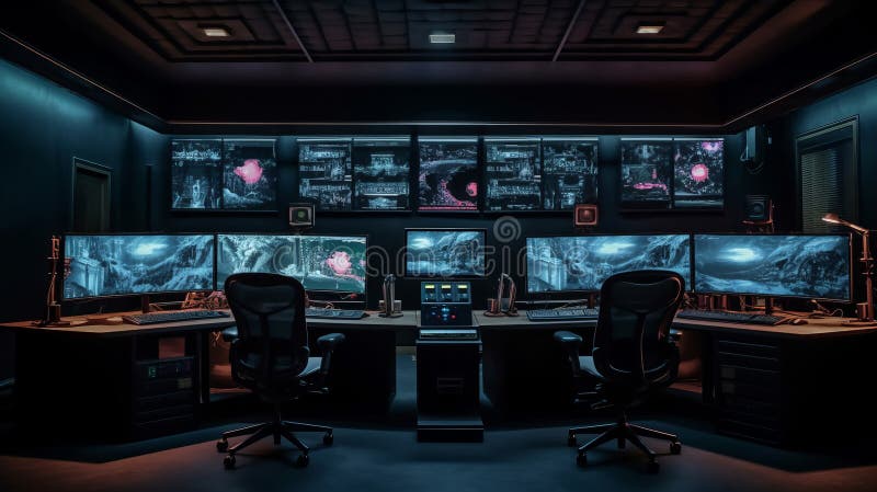 A Dark Room with a Row of Monitors and a Large Screen. Generative AI ...