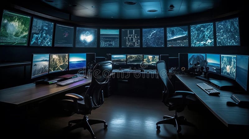 A Dark Room with a Row of Monitors and a Large Screen. Generative AI ...