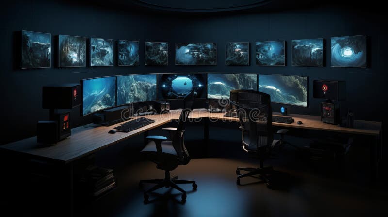 A Dark Room with a Row of Monitors and a Large Screen. Generative AI ...
