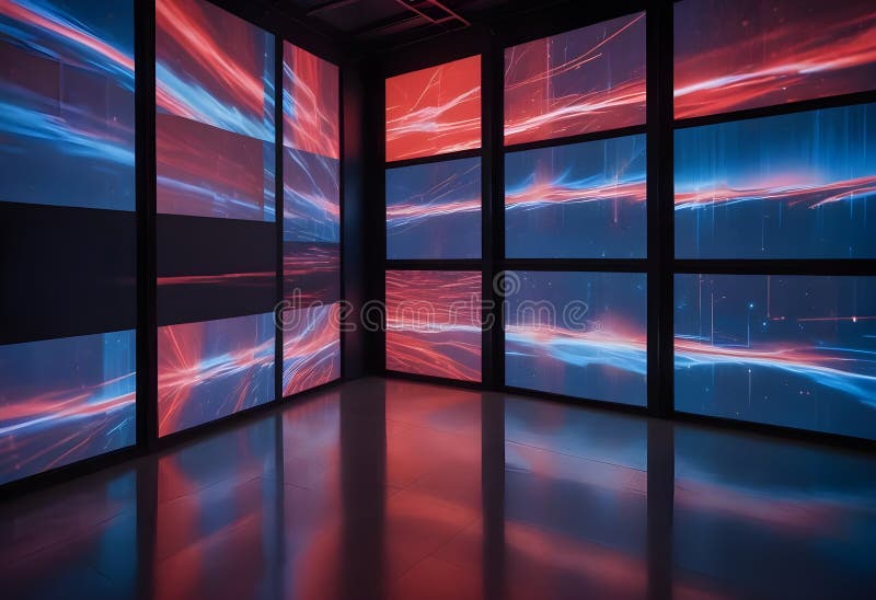 A Dark Room with a Series of Screens Displaying Abstract Patterns of ...