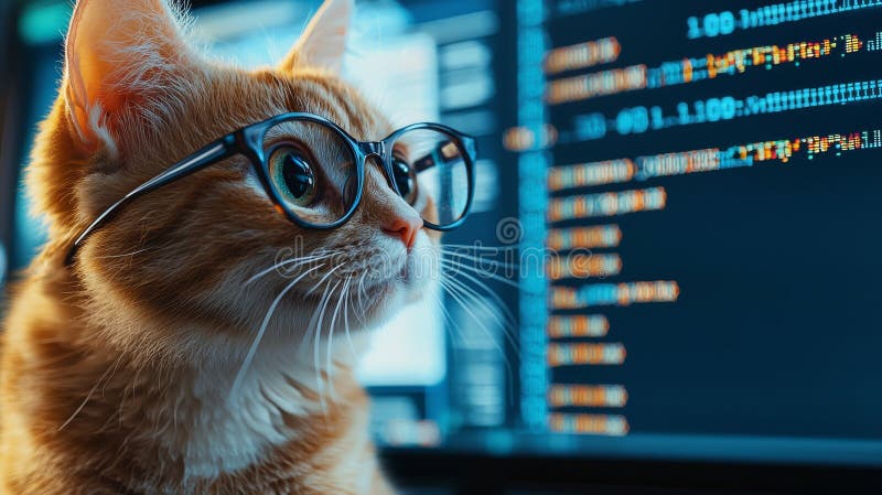 A Dark Room Sets the Scene for a Hacker at Work, with a Cat in Glasses ...