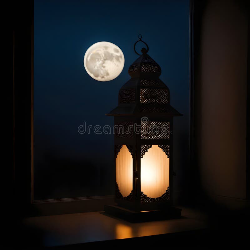 In the Dark Room, a Simple Lantern in Middle Eastern Style is Lit ...