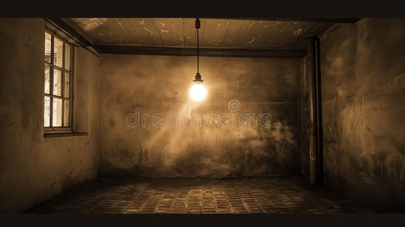 A Dark Room with a Single Light Bulb Hanging from the Ceiling Stock ...