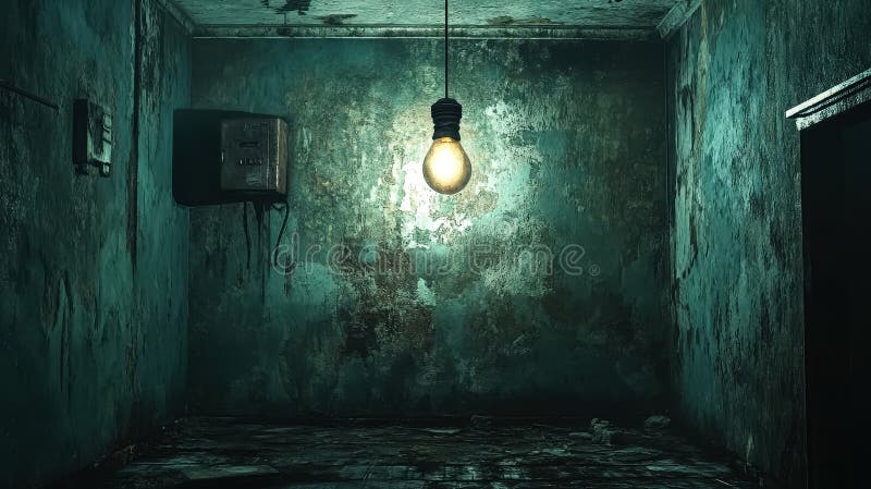 Dark Room with a Single Light Bulb Hanging from the Ceiling Stock Image ...