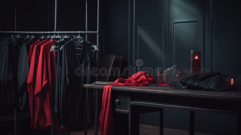 A Dark Room with a Table and Clothes on Hangers Stock Illustration ...