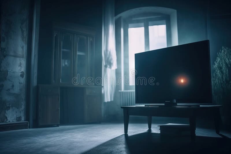 A Dark Room with a Table and a Television on it Stock Illustration ...