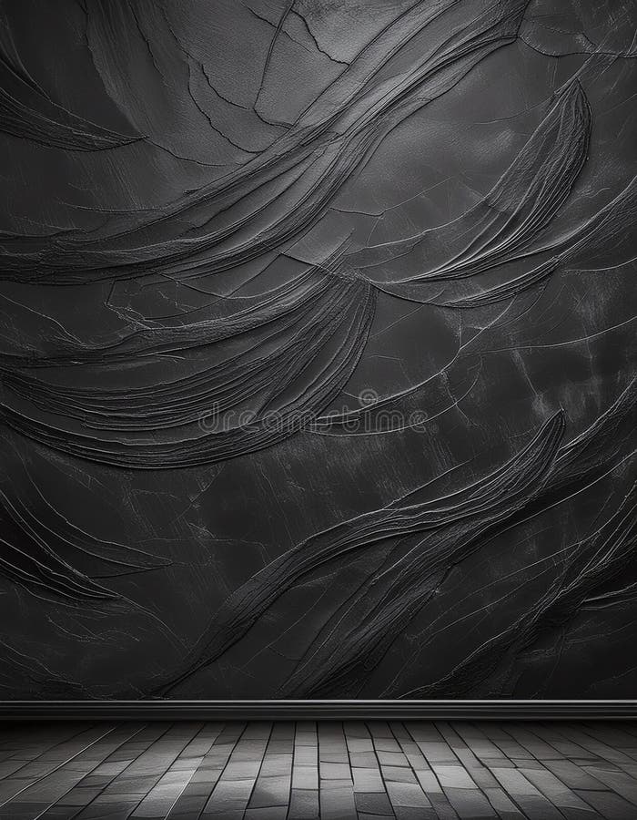 A Dark Room with a Textured Black Wall Featuring a Flowing Pattern and ...