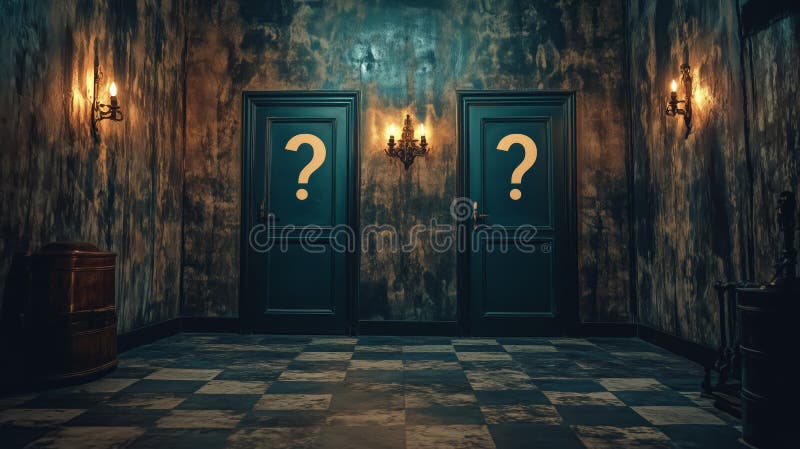 Dark Room with Two Closed Doors and Large Question Marks Stock ...