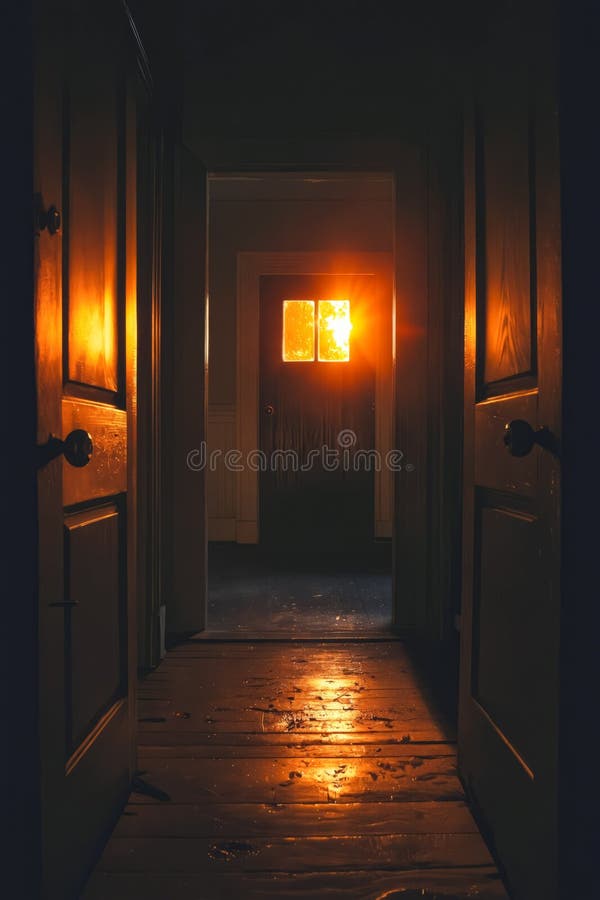 A Dark Room with Two Open Doors and a Light at the End of the Hallway ...