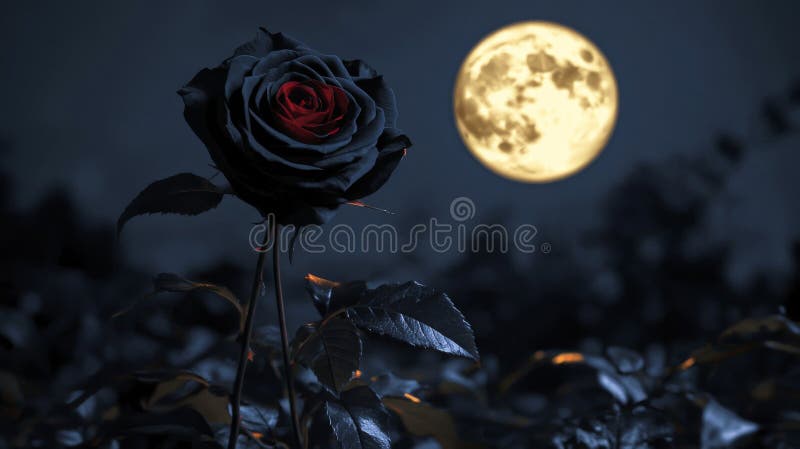 Dark Rose Blooms Underneath a Bright Full Moon Stock Illustration ...