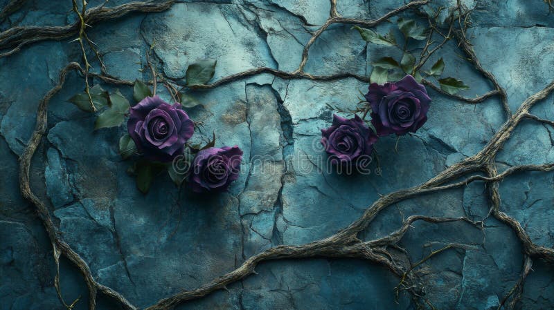 Dark Roses and Twisted Vines on a Stone Wall Stock Illustration ...