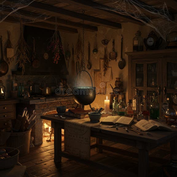 Dark Rustic Alchemy Kitchen Interior with Glowing Cauldron Stock Illustration - Illustration of ...
