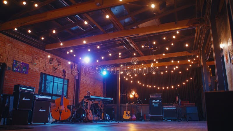 Dark, Rustic Music Venue with Instruments, Stage Lighting, and Exposed ...