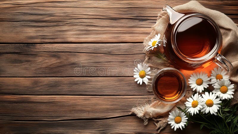 A Dark Rustic Wooden Surface is Shared by a Tea Pitcher and Chamomile ...