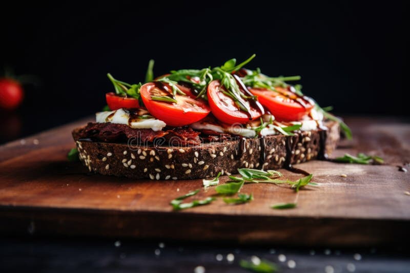 Dark Rye Bread Turned into Caprese Style Open-faced Sandwich Stock ...