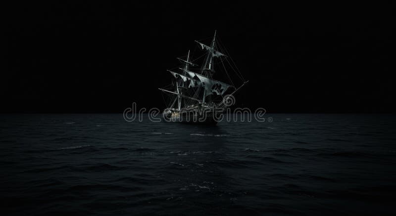 Dark Sailing Ship at Night on Calm Ocean Stock Illustration ...