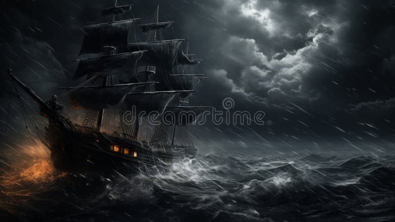 Dark Sailing Ship in Storm Weather at Night. Neural Network Ai ...