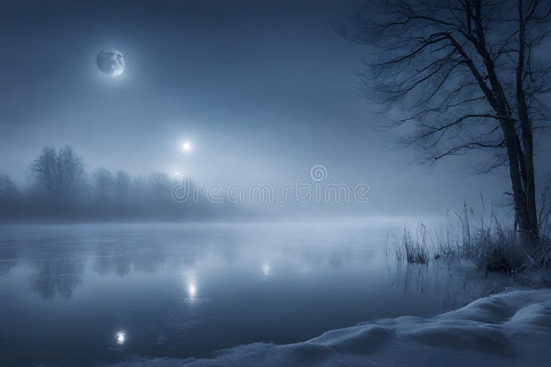 Dark Scary Landscape with a Lake a Forest and Full Moon. Stock ...