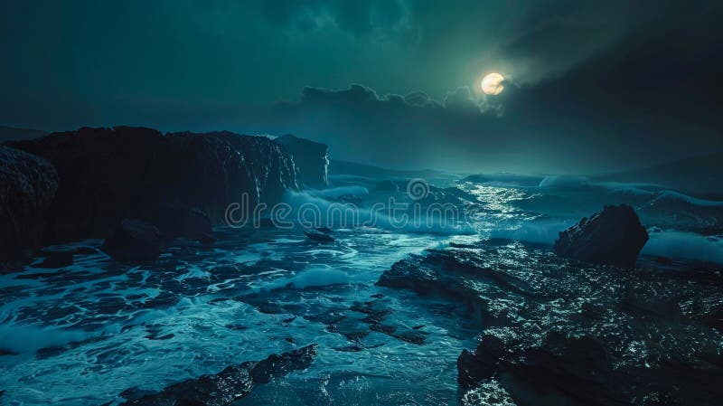 A Dark Scene with a Full Moon Over the Ocean Stock Photo - Image of ...