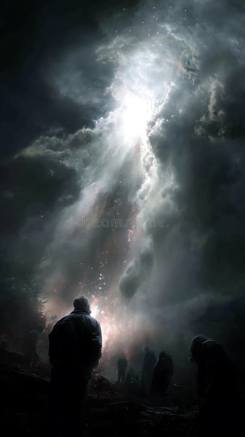 Dark Scene with Multiple Silhouetted Figures Standing on Uneven Ground ...