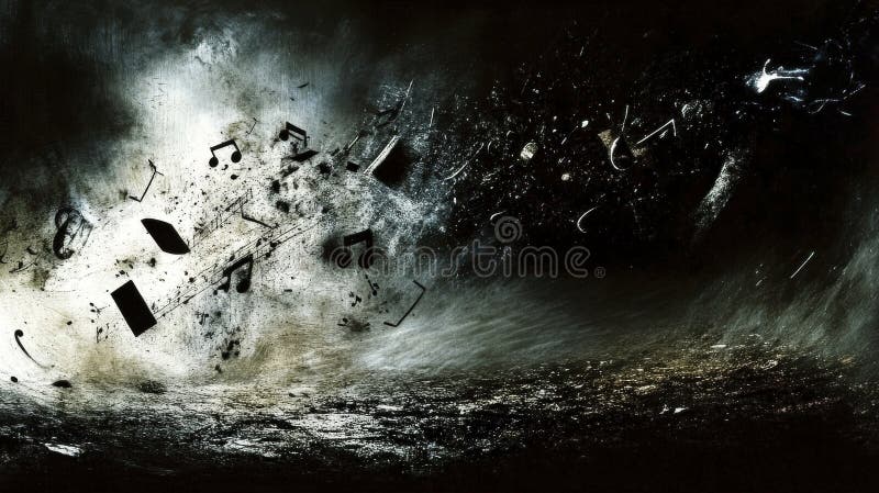 Dark Scene with Shattered Musical Notes Drifting Stock Illustration ...