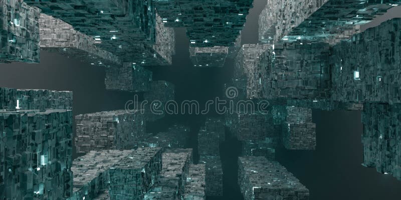 Dark Sci-fi Space Ship Station Objects in Dark Fog Space with Glowing ...