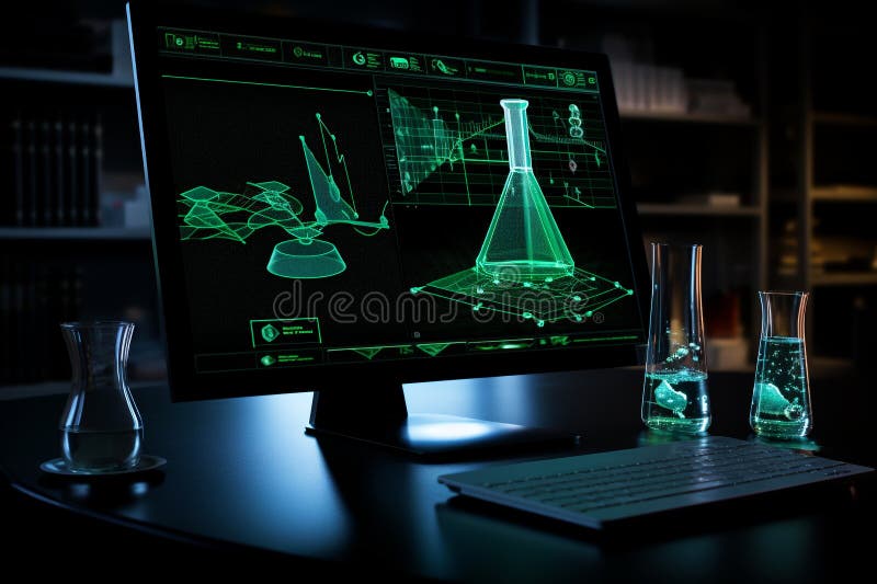 Dark Science Laboratory with Computer and Equipment Stock Illustration ...
