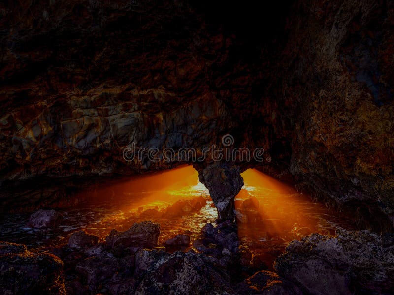 Dark Sea Cave Lights Up Orange on the Inside from a Burst of Sunlight ...