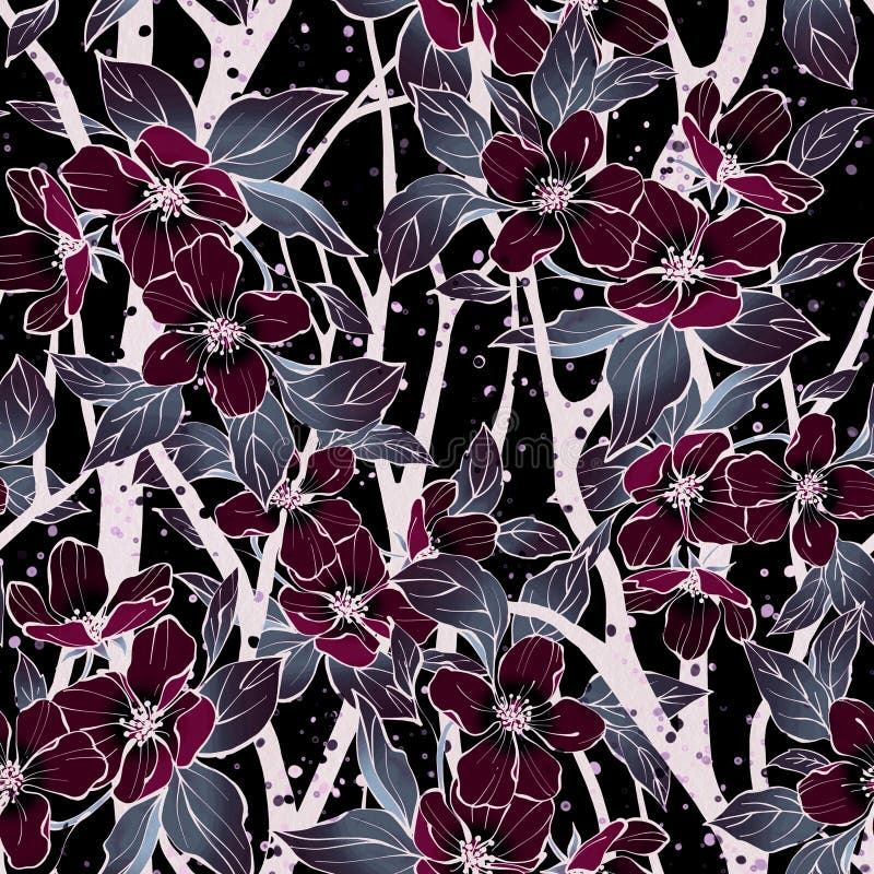 Dark Seamless Floral Pattern. Abstract Flowers and Leaves Stock Photo ...