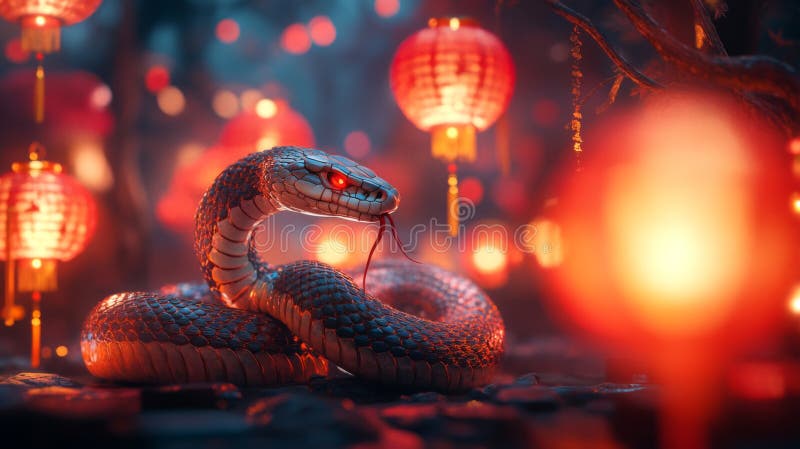A Dark Serpent among Red Lanterns Glowing Brightly Stock Illustration ...