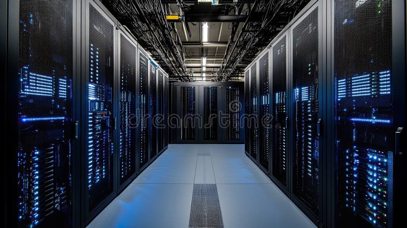 Dark Server Room with Blue Lighting and Rows of Servers Stock ...
