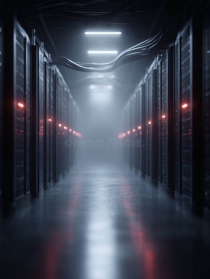 Dark Server Room Corridor with Glowing Lights. Symbol of Technology ...