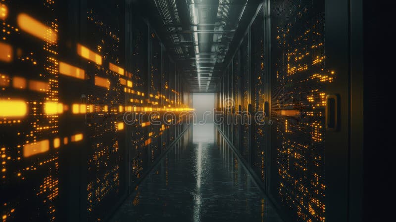 Dark Server Room Corridor with Glowing Orange Lights and Wet Floor ...
