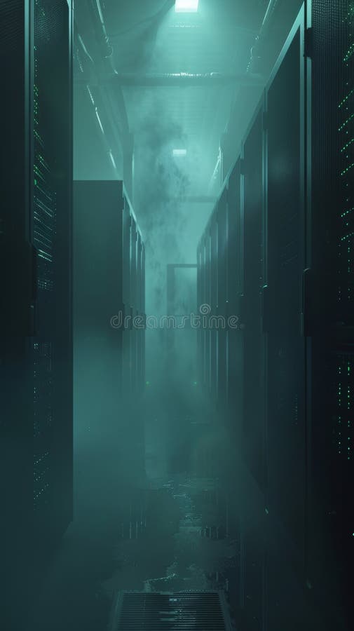 Dark Server Room Corridor with Mist and Green Lights, Eerie Atmosphere ...