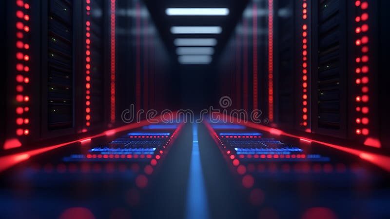 Dark Server Room Corridor with Red and Blue Neon Lights Stock ...