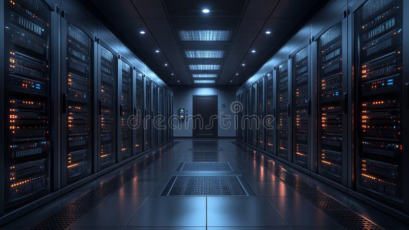 Dark Server Room Corridor with Lit Servers Stock Illustration ...