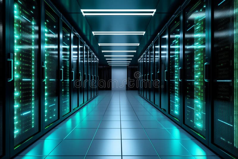 Dark Server Room Data Center Interior with Bright Lights. 3D Rendering ...