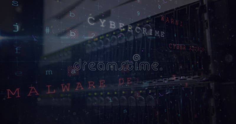 Dark Server Room with Floating Text Related To Cybercrime and Malware ...