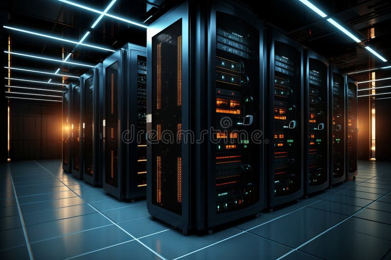 Dark Server Room with Glowing Computer Equipment Stock Photo - Image of ...